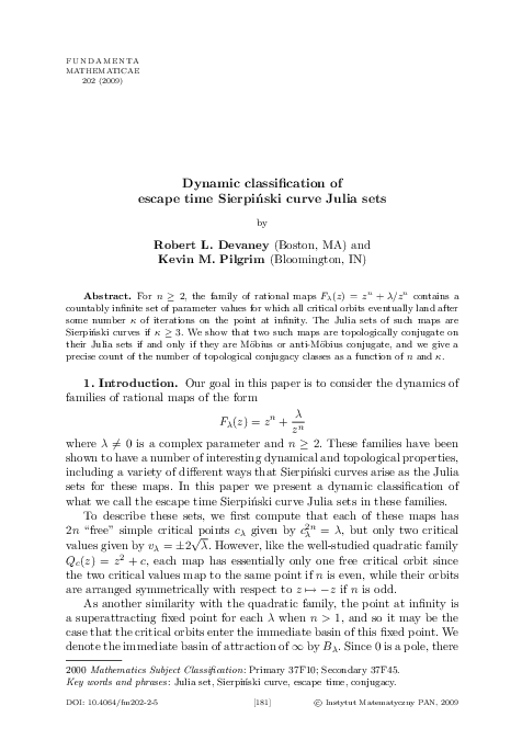 (PDF) Dynamic classification of escape time Sierpiński curve Julia sets