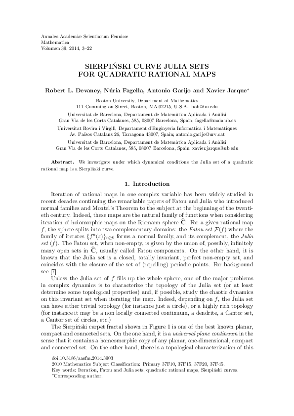(PDF) Sierpinski curve Julia sets for quadratic rational maps