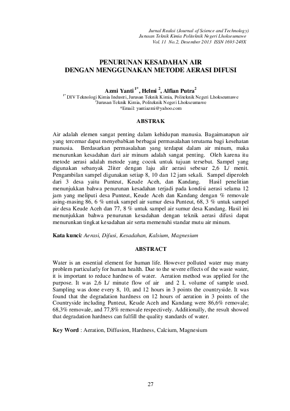 (PDF) Penurunan Kesadahan Air Dengan Menggunakan Metode Aerasi Difusi ...