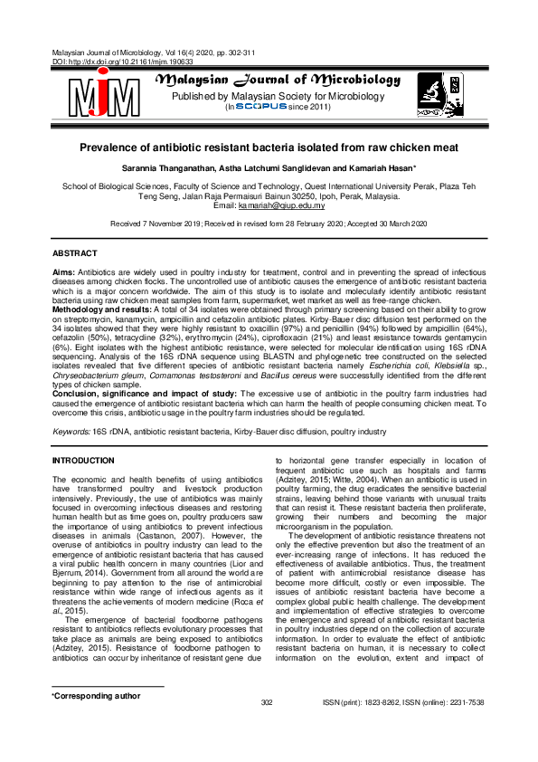 (PDF) Prevalence of antibiotic resistant bacteria isolated from raw chicken meat