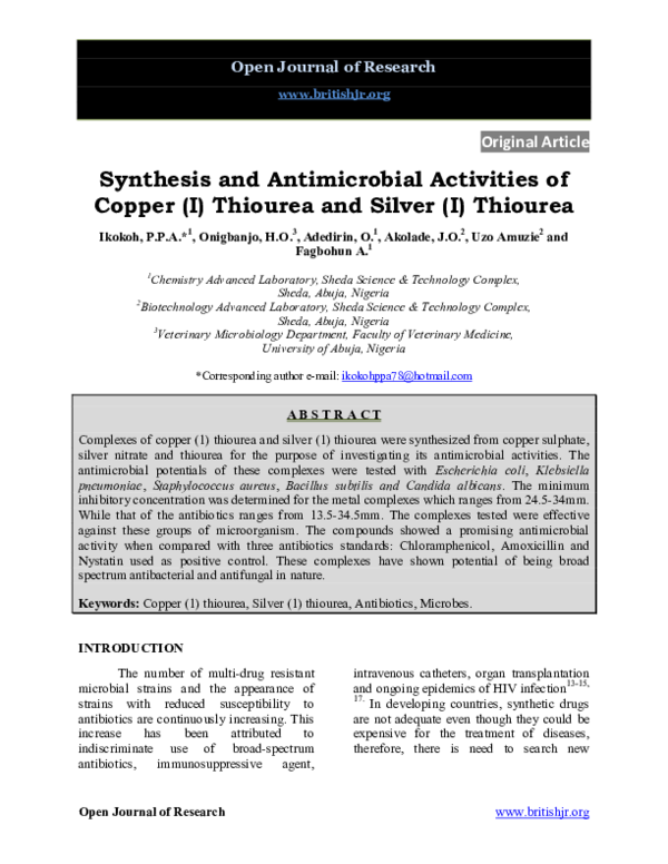 (PDF) Synthesis and Antimicrobial Activities of Copper (I) Thiourea and Silver (I) Thiourea ...