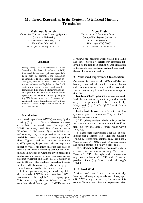 (PDF) Multiword Expressions in the Context of Statistical Machine Translation