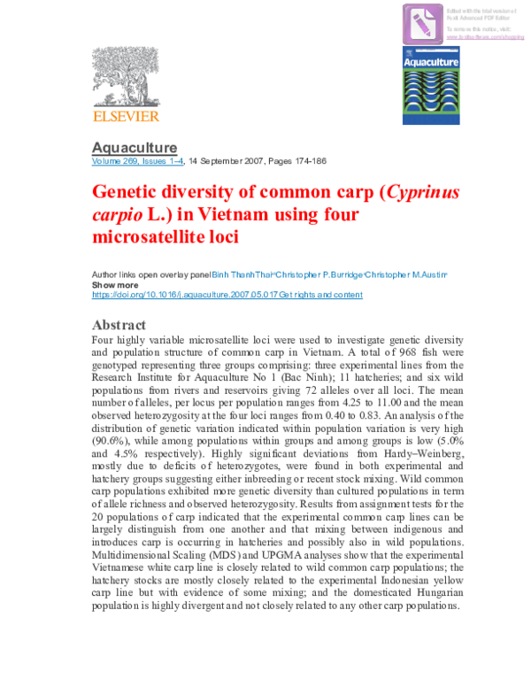 (PDF) Genetic diversity of common carp (Cyprinus carpio L.) in Vietnam using four microsatellite ...