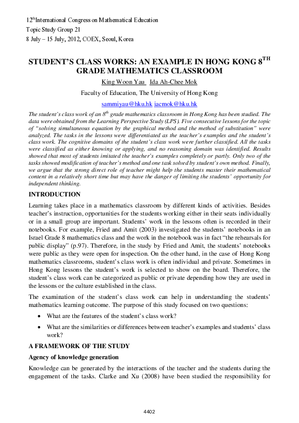 (PDF) Students’ class works: an example in Hong Kong 8th grade ...