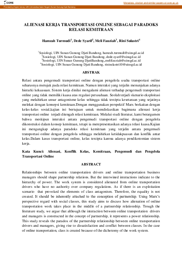 (PDF) Alienasi kerja transportasi online sebagai paradoks relasi kemitraan