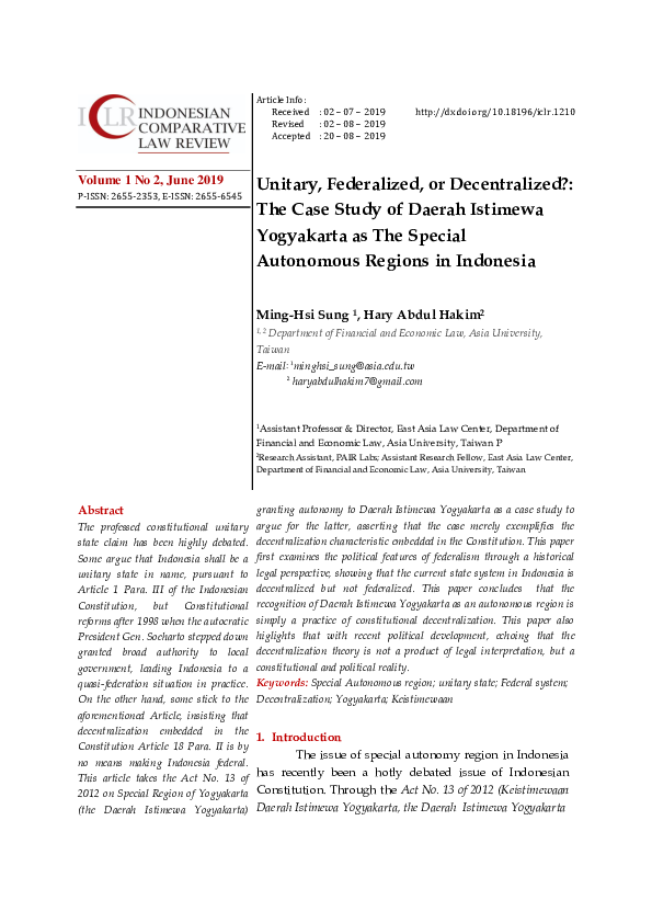 (PDF) Unitary, Federalized, or Decentralized?: The Case Study of Daerah Istimewa Yogyakarta as ...
