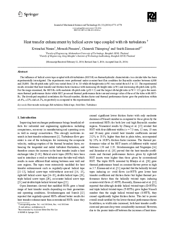 (PDF) Heat transfer enhancement by helical screw tape coupled with rib ...