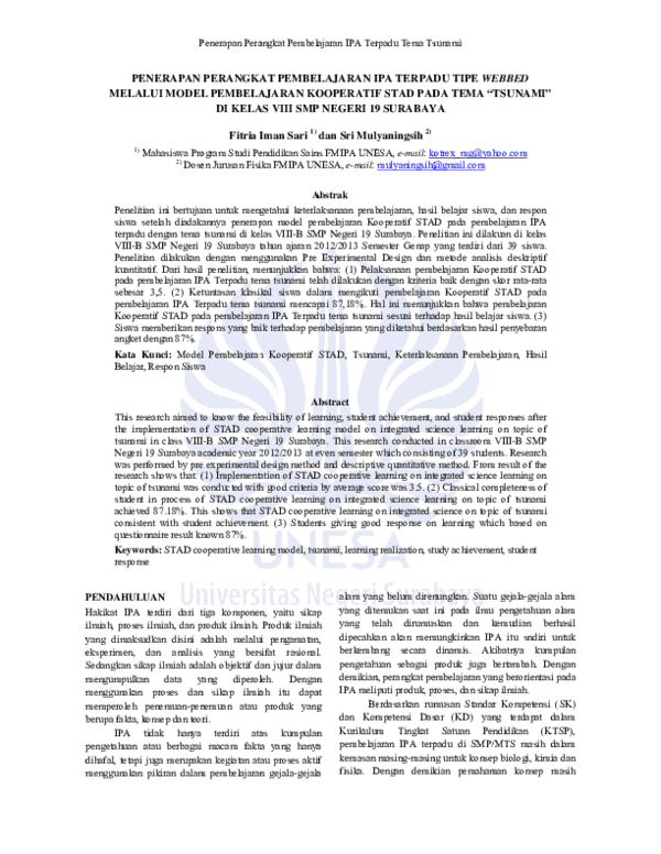 (PDF) Penerapan Perangkat Pembelajaran Ipa Terpadu Tipe Webbed Melalui Model Pembelajaran ...