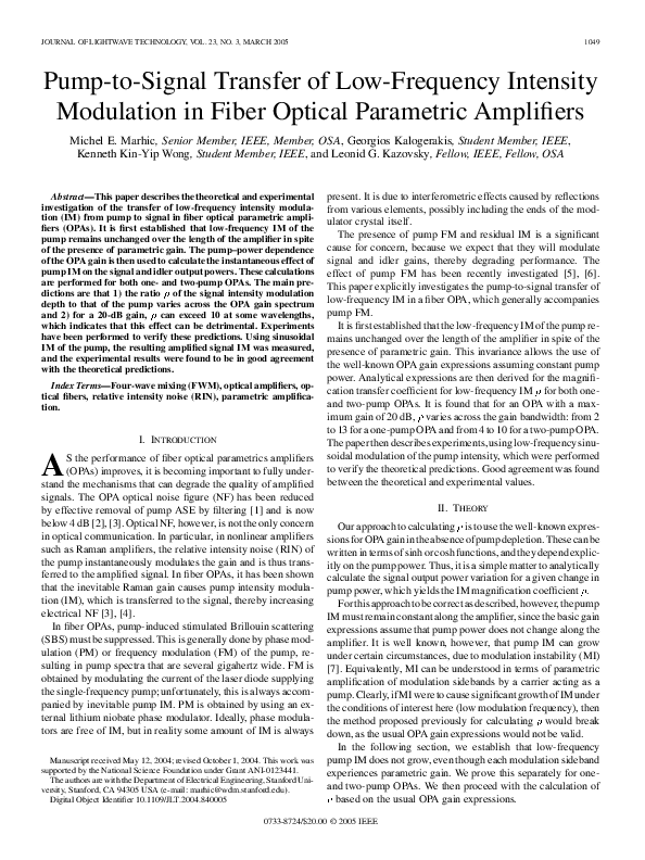 Pdf Pump To Signal Transfer Of Low Frequency Intensity Modulation In Fiber Optical Parametric