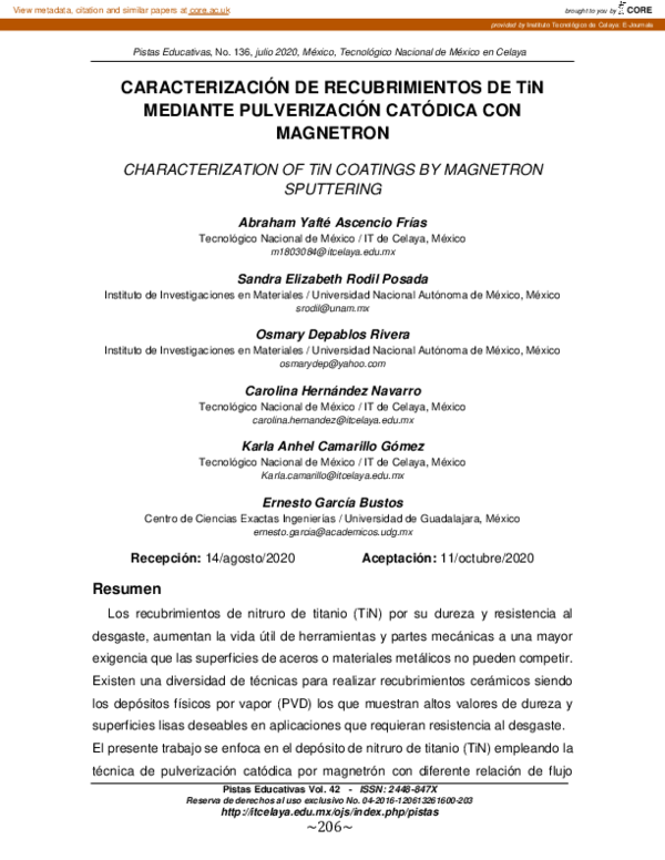 (PDF) CARACTERIZACIÓN DE RECUBRIMIENTOS DE TiN MEDIANTE PULVERIZACIÓN CATÓDICA CON MAGNETRON ...