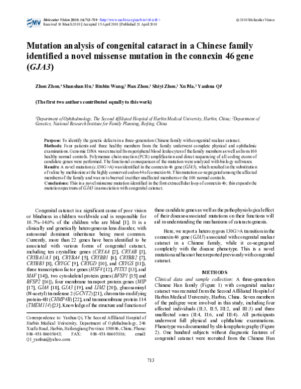 (PDF) Mutation analysis of congenital cataract in a Chinese family identified a novel missense ...