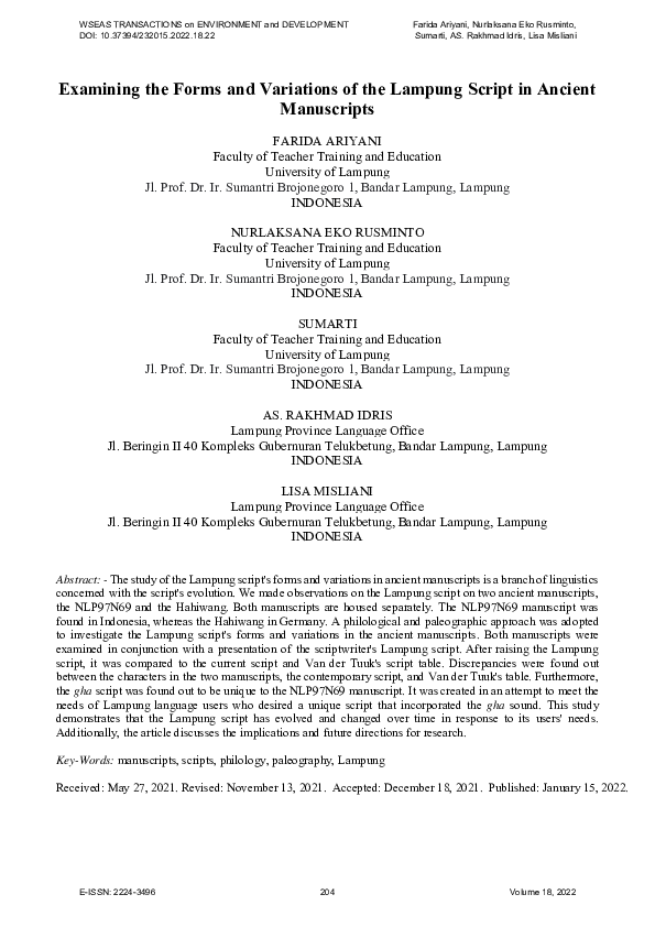 (PDF) Examining the Forms and Variations of the Lampung Script in Ancient Manuscripts