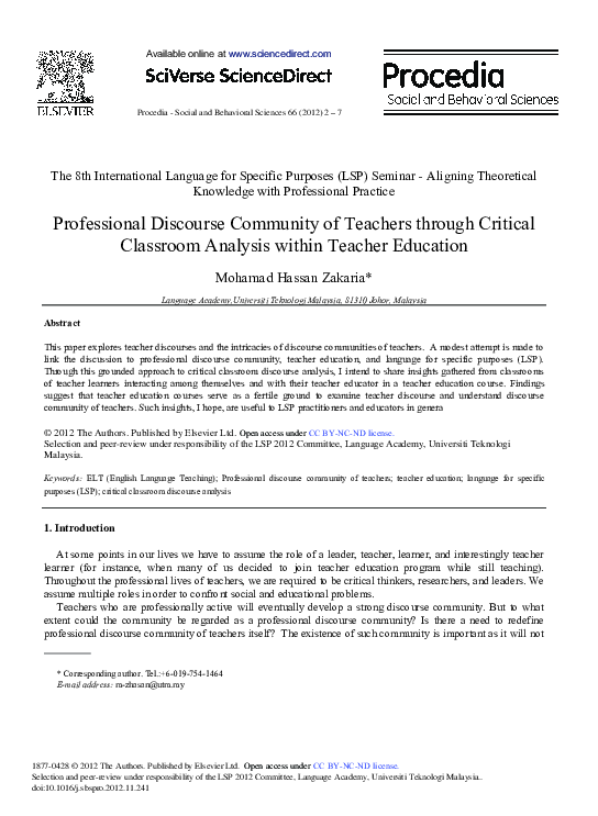 (PDF) Professional Discourse Community of Teachers through Critical ...