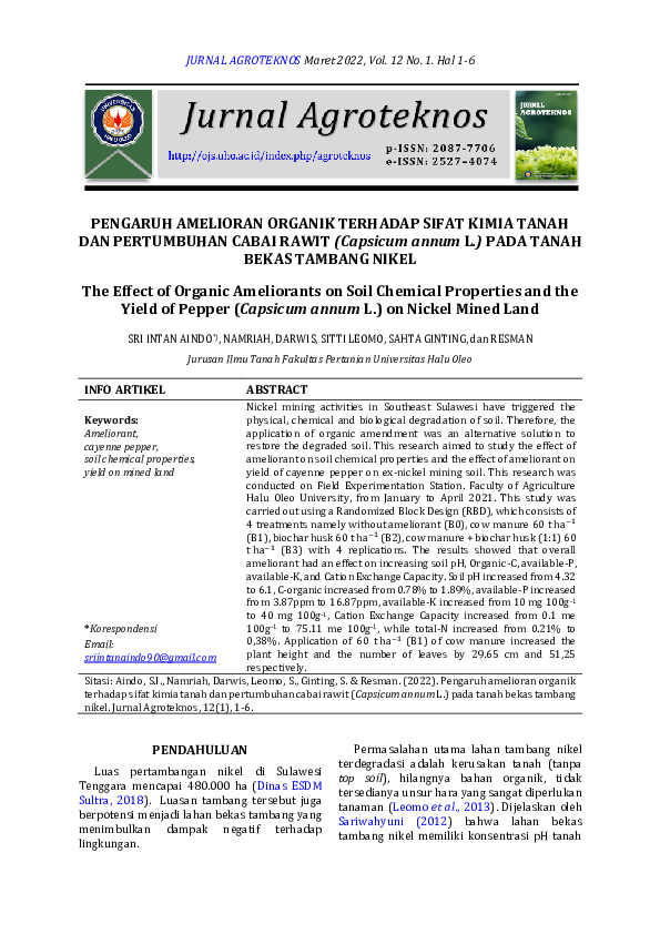 (PDF) PENGARUH AMELIORAN ORGANIK TERHADAP SIFAT KIMIA TANAH DAN PERTUMBUHAN CABAI RAWIT ...