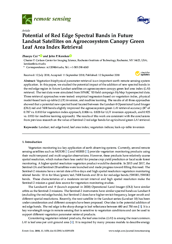 (PDF) Potential of Red Edge Spectral Bands in Future Landsat Satellites ...