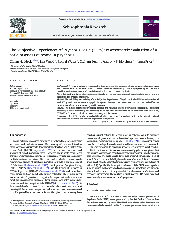 (PDF) The Subjective Experiences of Psychosis Scale (SEPS ...