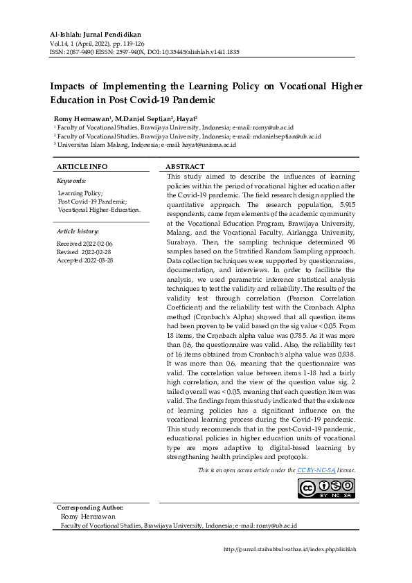(PDF) Impacts of Implementing the Learning Policy on Vocational Higher Education in Post Covid ...