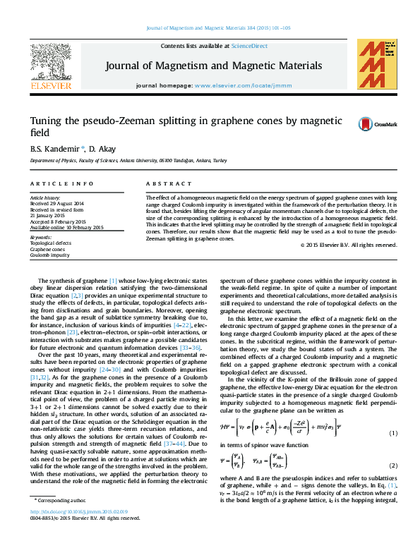 (PDF) Tuning the pseudo-Zeeman splitting in graphene cones by magnetic field