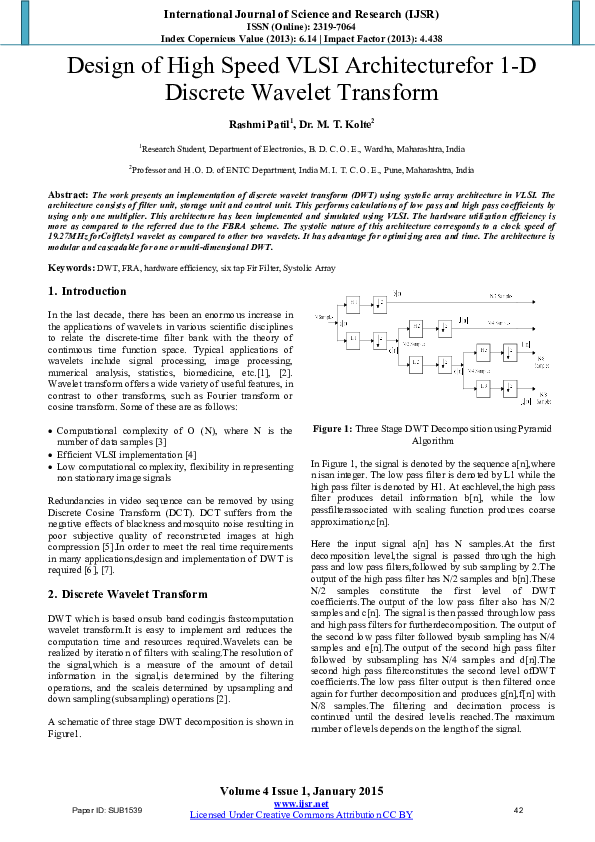 Pdf Design Of High Speed Vlsi Architecturefor 1 D Discrete Wavelet Transform 