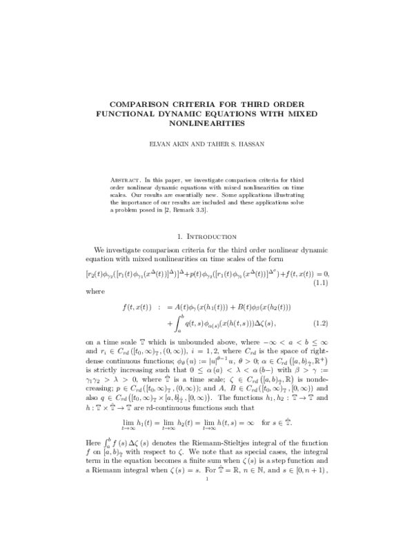 Pdf Comparison Criteria For Third Order Functional Dynamic Equations With Mixed Nonlinearities
