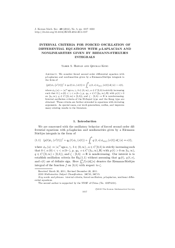 (PDF) INTERVAL CRITERIA FOR FORCED OSCILLATION OF DIFFERENTIAL ...