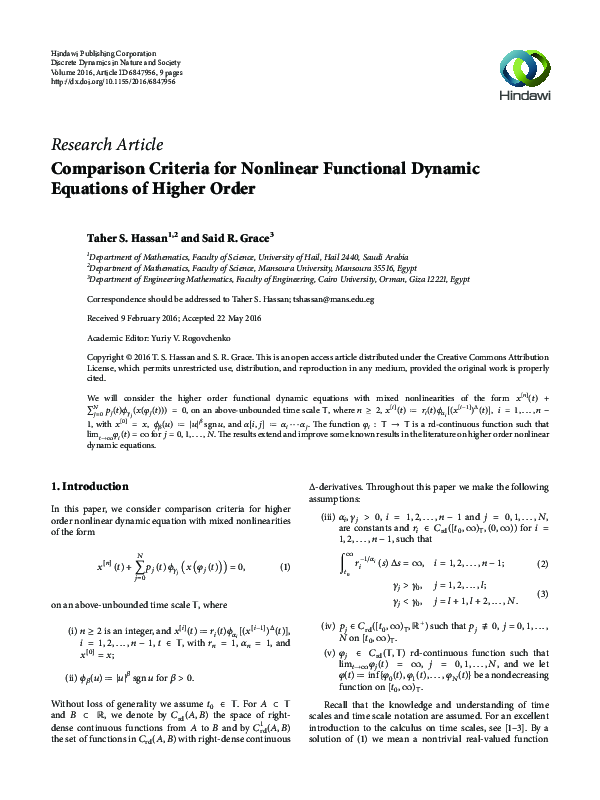 (PDF) Comparison Criteria for Nonlinear Functional Dynamic Equations of Higher Order | Taher ...