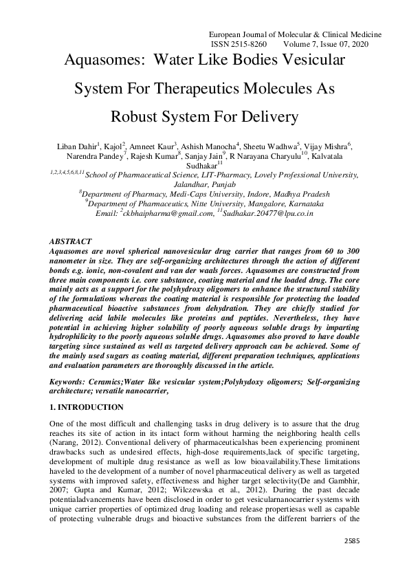 (PDF) Aquasomes: Water Like Bodies Vesicular System For Therapeutics ...