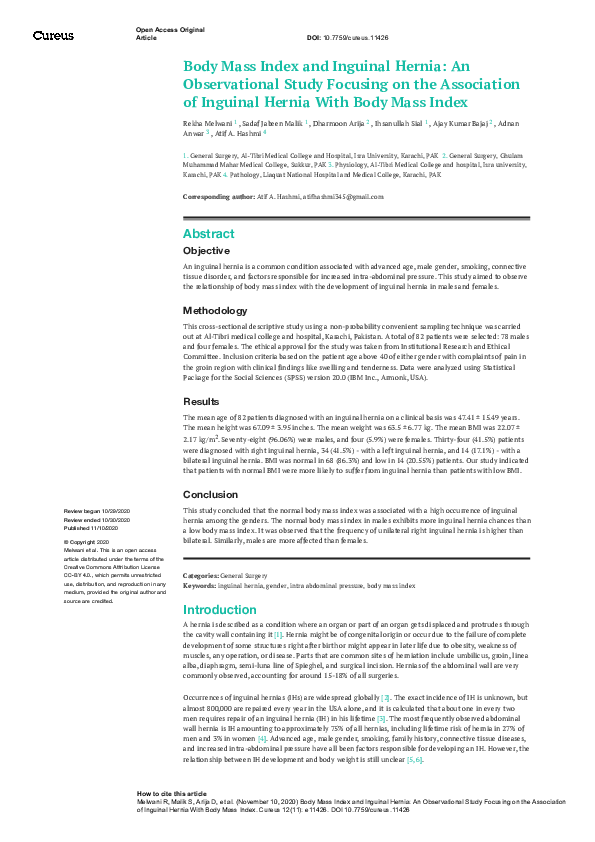 (PDF) Body Mass Index and Inguinal Hernia: An Observational Study ...
