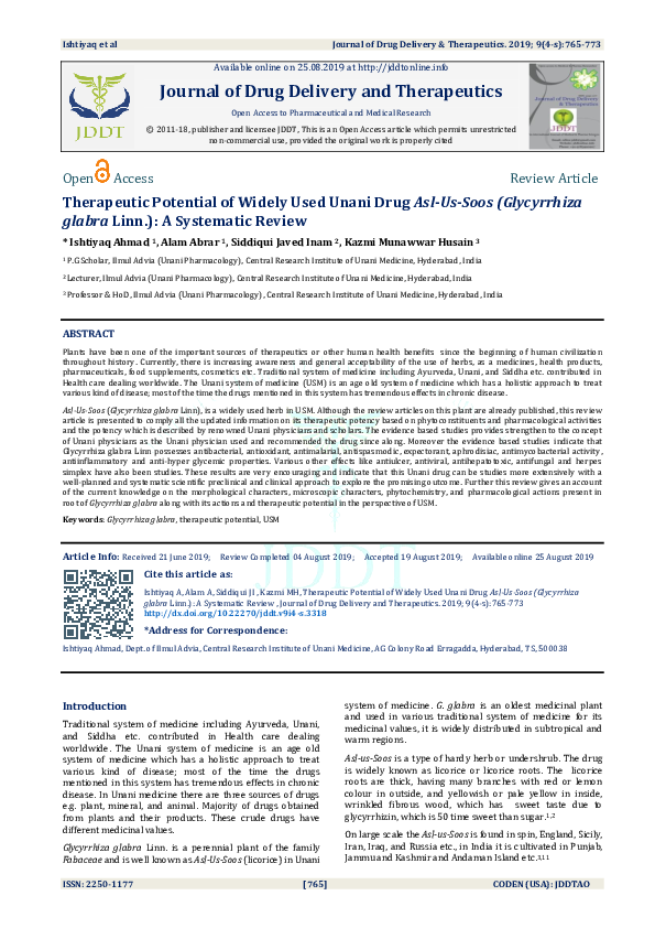 (PDF) Therapeutic Potential of Widely Used Unani Drug Asl-Us-Soos ...