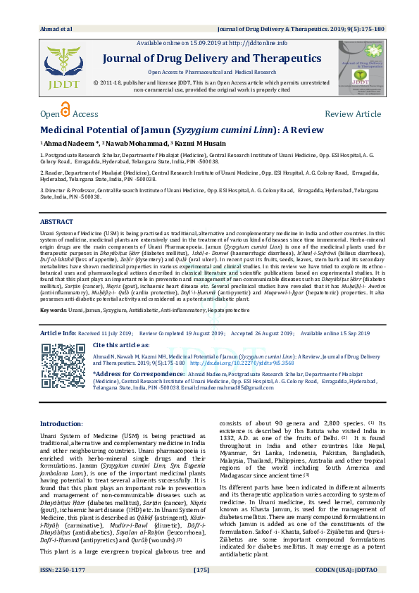 (PDF) Medicinal Potential of Jamun (Syzygium cumini Linn): A Review ... (PDF) Medicinal Potential of Jamun (Syzygium cumini Linn): A Review ...