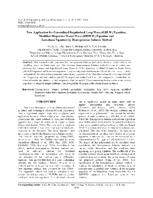 (PDF) New Application for Generalized Regularized Long Wave (GRLW) Equation, Modified Dispersive ...