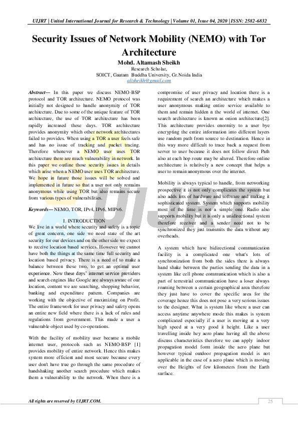 (PDF) Security Issues of Network Mobility (NEMO) with Tor Architecture