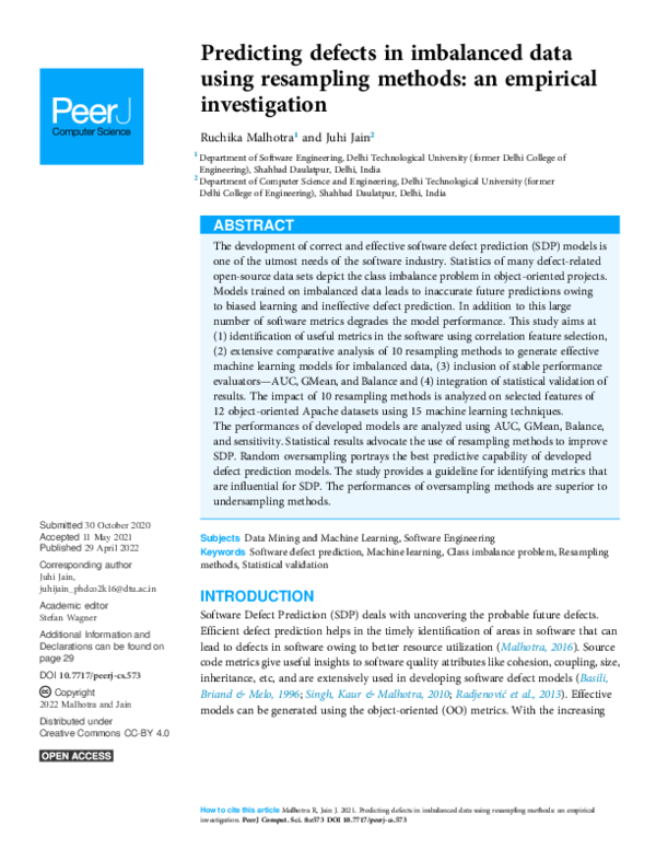 Pdf Predicting Defects In Imbalanced Data Using Resampling Methods