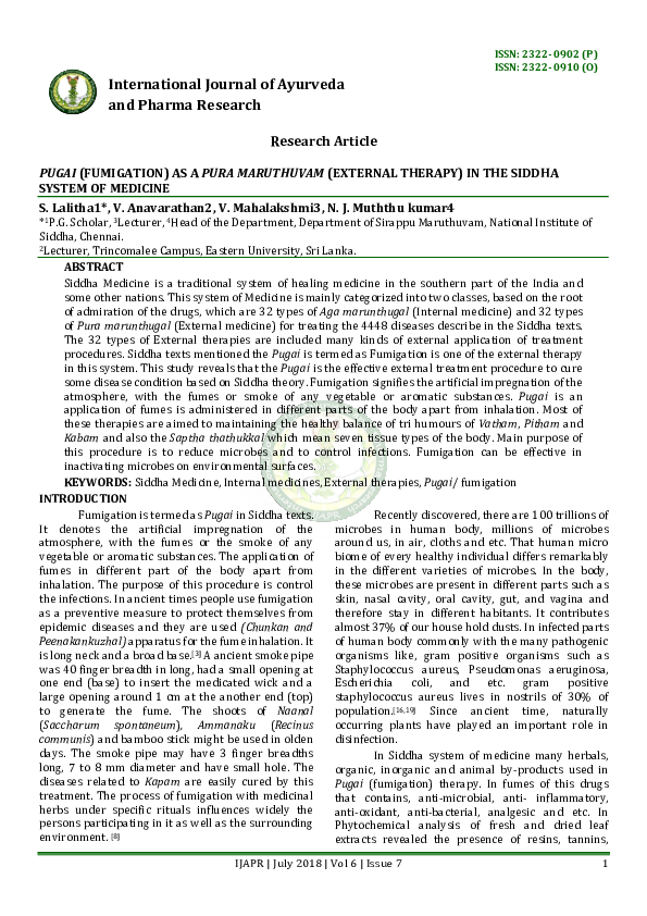 (PDF) Pugai (Fumigation) as a Pura Maruthuvam (External Therapy) in the ...