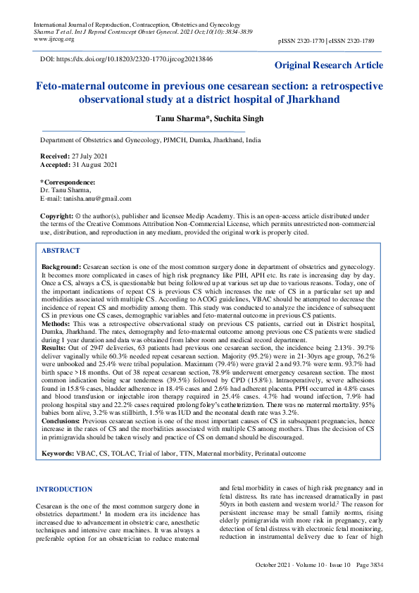 (PDF) Feto-maternal outcome in previous one cesarean section: a ...