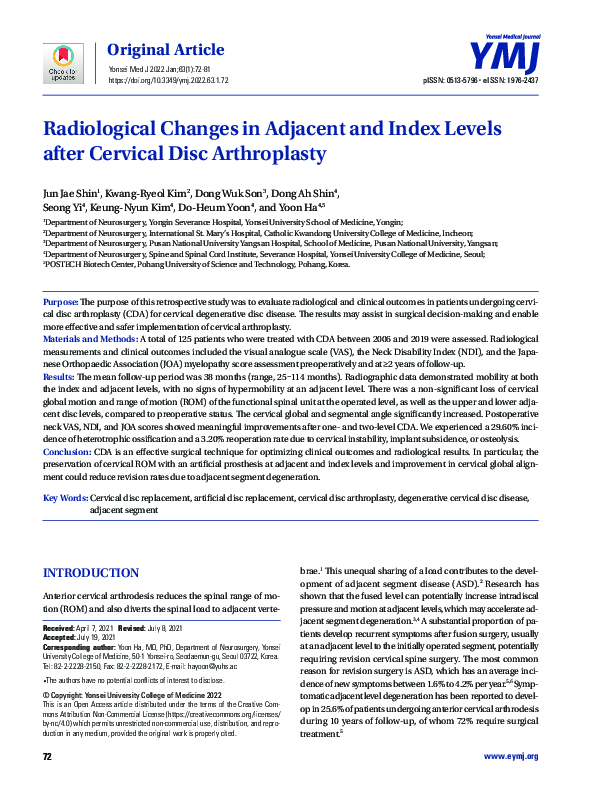 (PDF) Radiological Changes in Adjacent and Index Levels after Cervical ...