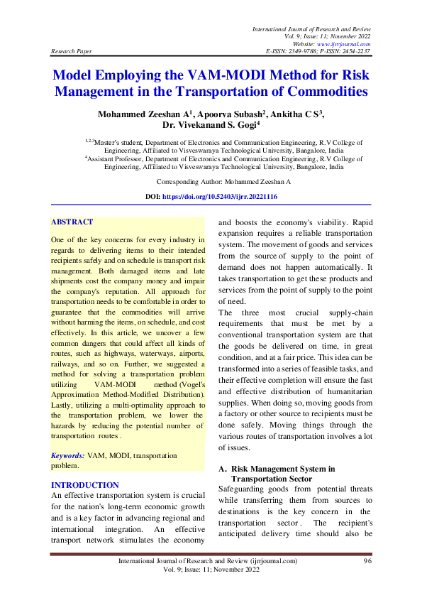 (PDF) Model Employing the VAM-MODI Method for Risk Management in the Transportation of Commodities