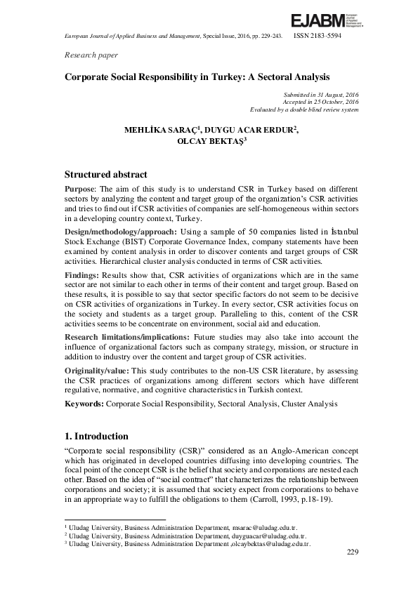 (PDF) Corporate Social Responsibility in Turkey: A Sectoral Analysis
