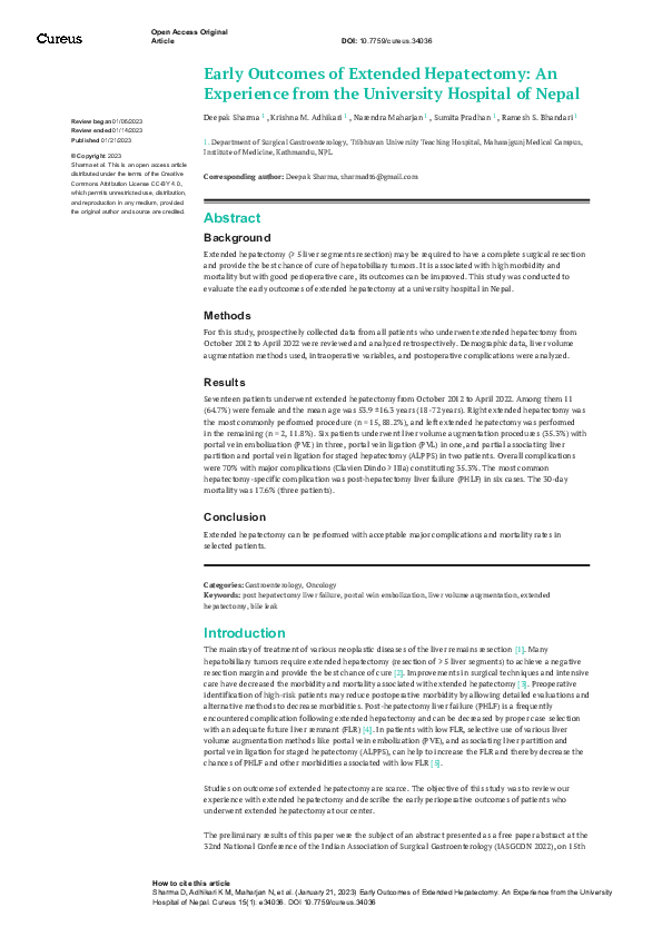 (PDF) Early Outcomes of Extended Hepatectomy: An Experience from the ...