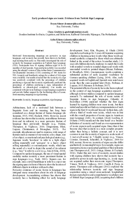 (PDF) Early produced signs are iconic: Evidence from Turkish Sign Language
