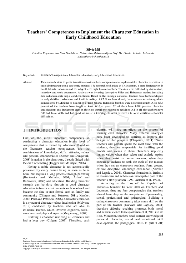 (PDF) Teachers’ Competences to Implement the Character Education in Early Childhood Education