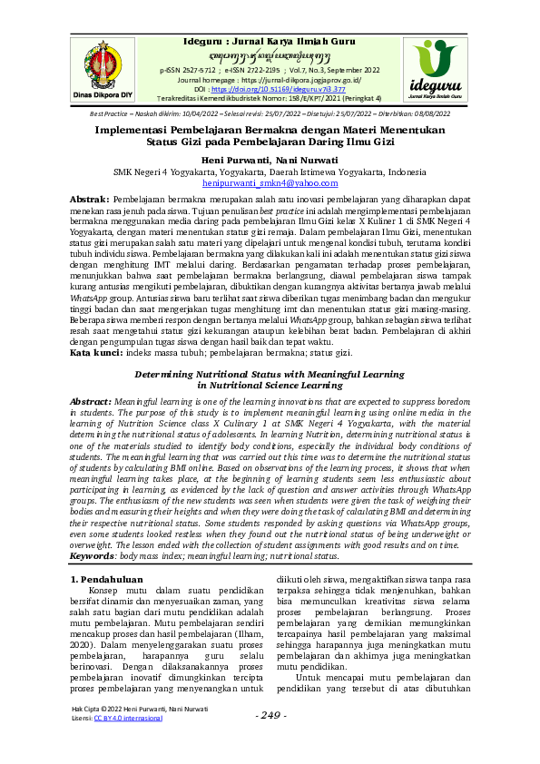 (PDF) Implementasi Pembelajaran Bermakna dengan Materi Menentukan Status Gizi pada Pembelajaran ...