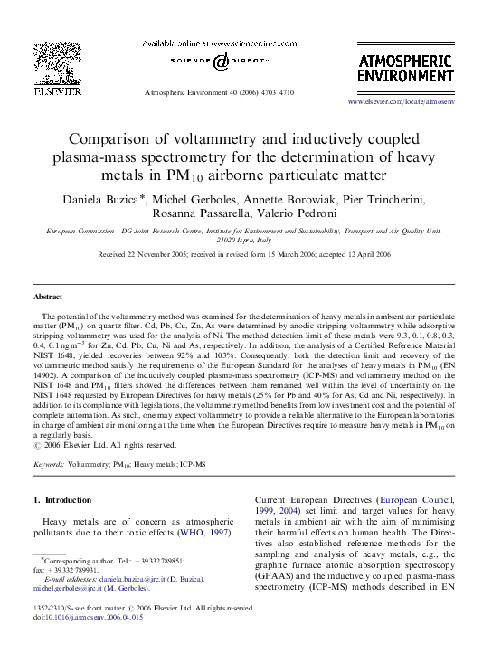 (PDF) Voltammetry vs. ICP-MS for Heavy Metals in PM10