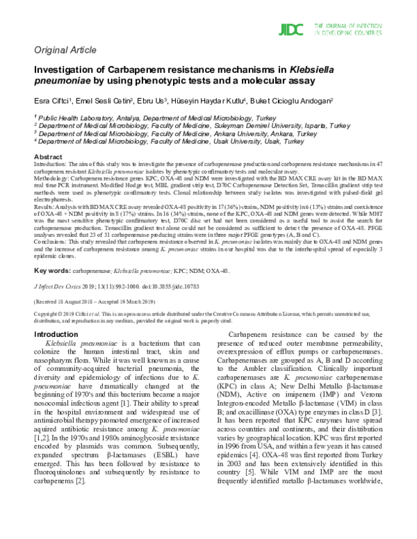 (PDF) Investigation of Carbapenem resistance mechanisms in Klebsiella ...