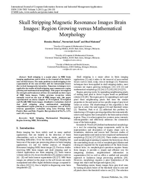 (PDF) Skull Stripping Magnetic Resonance Images Brain Images: Region Growing versus Mathematical ...