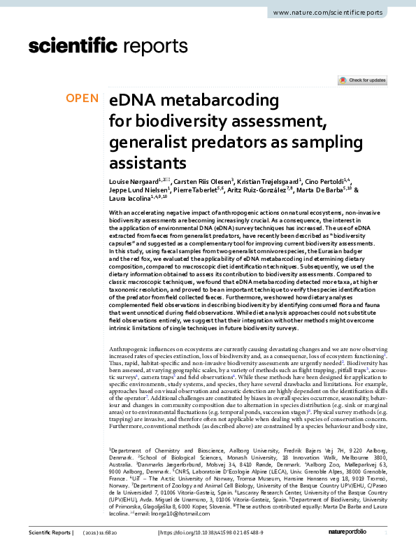 (PDF) eDNA metabarcoding for biodiversity assessment, generalist ...