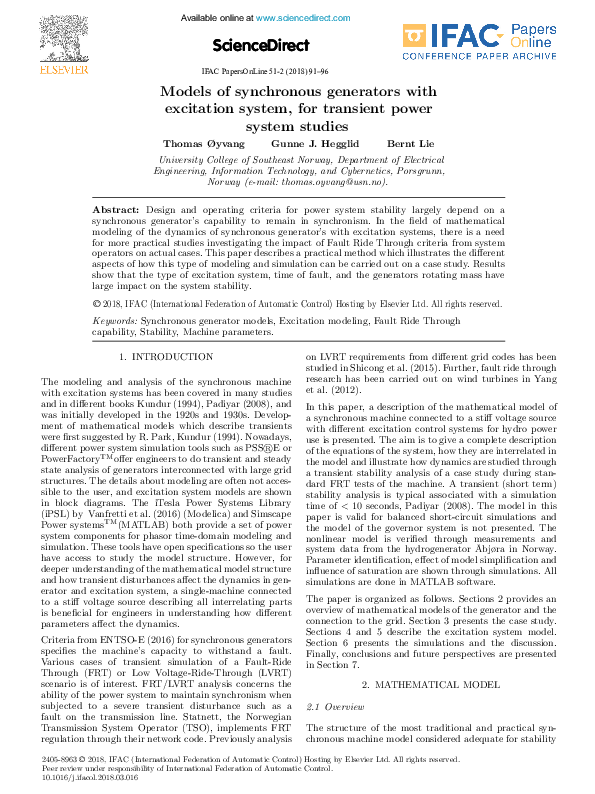 (PDF) Models of synchronous generators with excitation system, for transient power system studies