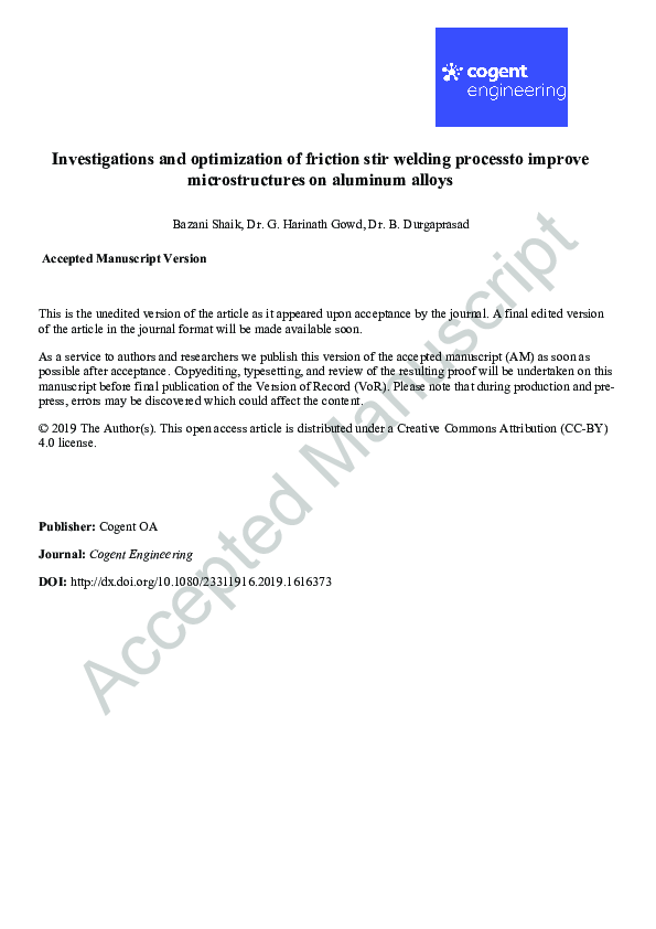 Pdf Investigations And Optimization Of Friction Stir Welding Process