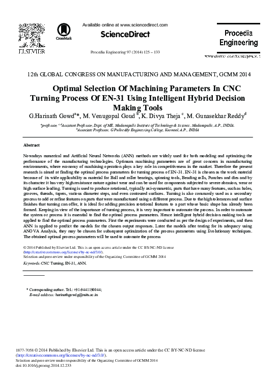 Pdf Optimal Selection Of Machining Parameters In Cnc Turning Process Of En 31 Using