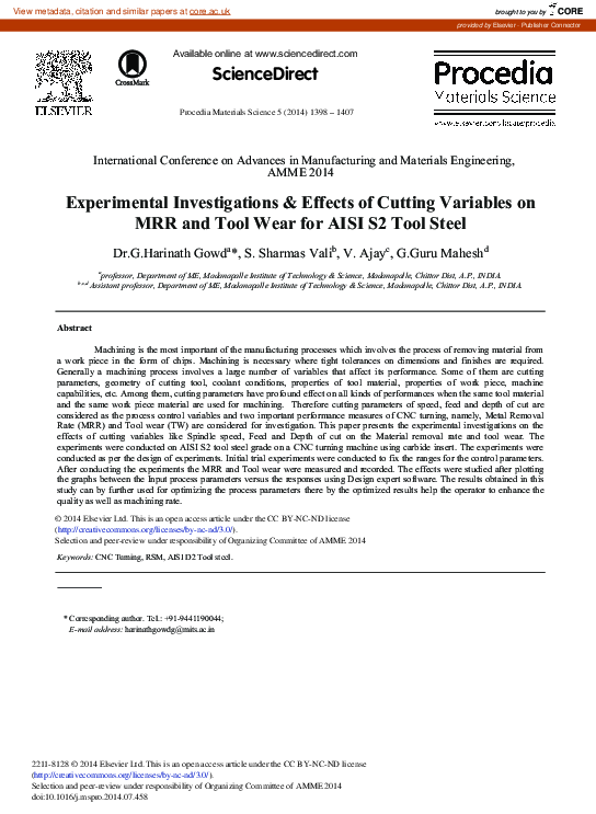 Pdf Experimental Investigations And Effects Of Cutting Variables On Mrr